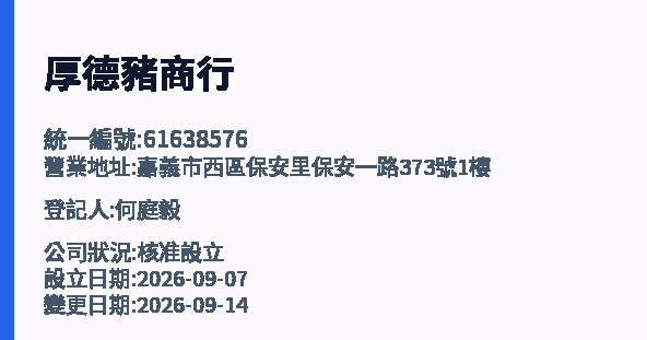 厚德豬商行的照片-統編 61638576(嘉義市) 公司登記資料與營業項目詳細圖表