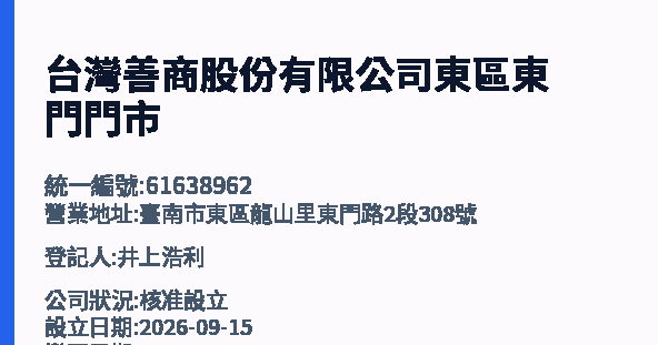 台灣善商股份有限公司東區東門門市的照片-統編 61638962(臺南市) 公司登記資料與營業項目詳細圖表