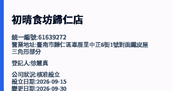 初晴食坊歸仁店的照片-統編 61639272(臺南市) 公司登記資料與營業項目詳細圖表