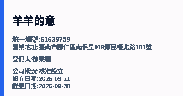 羊羊的意的照片-統編 61639759(臺南市) 公司登記資料與營業項目詳細圖表