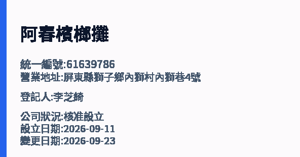 阿春檳榔攤的照片-統編 61639786(屏東縣) 公司登記資料與營業項目詳細圖表