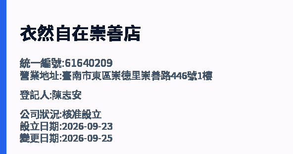 衣然自在崇善店的照片-統編 61640209(臺南市) 公司登記資料與營業項目詳細圖表