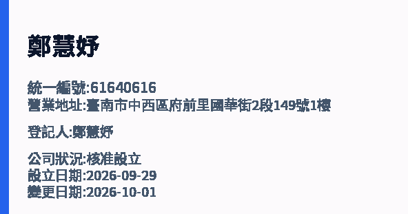 鄭慧妤的照片-統編 61640616(臺南市) 公司登記資料與營業項目詳細圖表