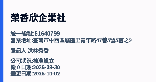 榮香欣企業社的照片-統編 61640799(臺南市) 公司登記資料與營業項目詳細圖表