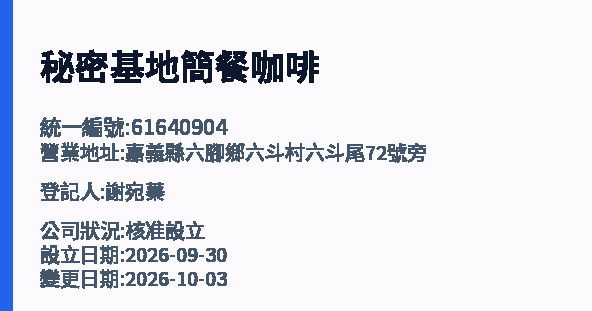 秘密基地簡餐咖啡的照片-統編 61640904(嘉義縣) 公司登記資料與營業項目詳細圖表