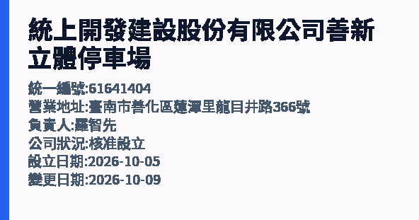 統上開發建設股份有限公司善新立體停車場的照片-統編 61641404(臺南市) 公司登記資料與營業項目詳細圖表