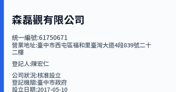 森磊觀有限公司的照片-統編 61750671(臺中市) 公司登記資料與營業項目詳細圖表