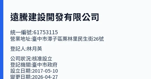 遠騰建設開發有限公司的照片-統編 61753115(臺中市) 公司登記資料與營業項目詳細圖表
