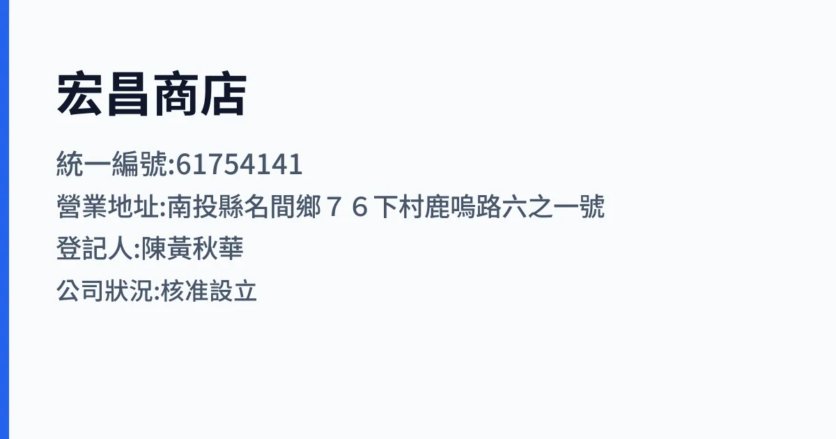 宏昌商店 - 統編 61754141(南投縣) 公司登記資料與營業項目詳細圖表