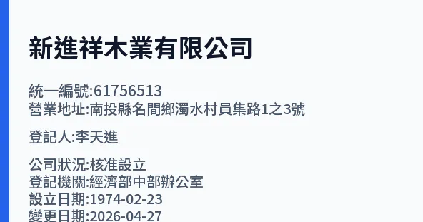新進祥木業有限公司的照片-統編 61756513(南投縣) 公司登記資料與營業項目詳細圖表