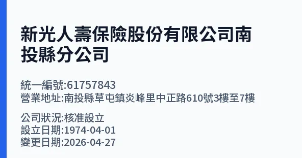 新光人壽保險股份有限公司南投縣分公司的照片-統編 61757843(南投縣) 公司登記資料與營業項目詳細圖表