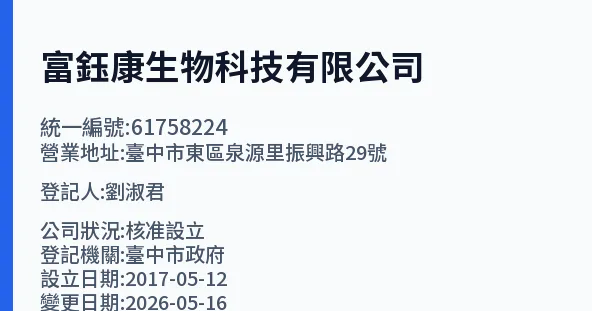 富鈺康生物科技有限公司的照片-統編 61758224(臺中市) 公司登記資料與營業項目詳細圖表