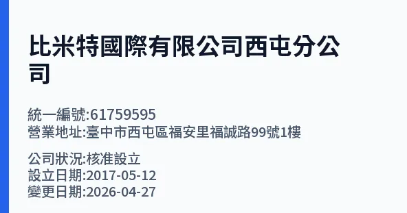 比米特國際有限公司西屯分公司的照片-統編 61759595(臺中市) 公司登記資料與營業項目詳細圖表