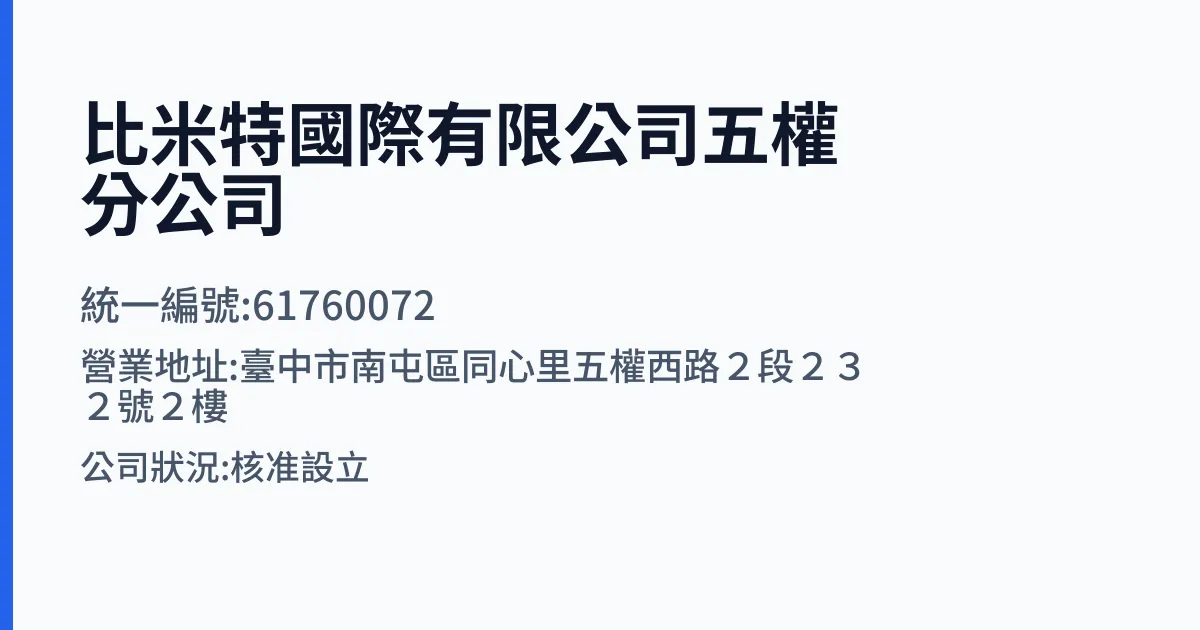 比米特國際有限公司五權分公司 - 統編 61760072(臺中市) 公司登記資料與營業項目詳細圖表