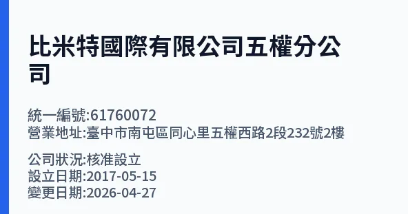 比米特國際有限公司五權分公司的照片-統編 61760072(臺中市) 公司登記資料與營業項目詳細圖表