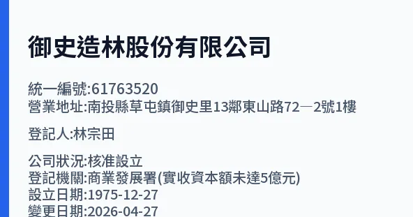 御史造林股份有限公司的照片-統編 61763520(南投縣) 公司登記資料與營業項目詳細圖表