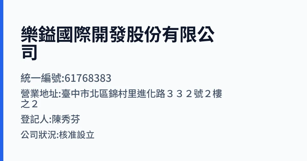 樂鎰國際開發股份有限公司 - 統編 61768383(臺中市) 公司登記資料與營業項目詳細圖表