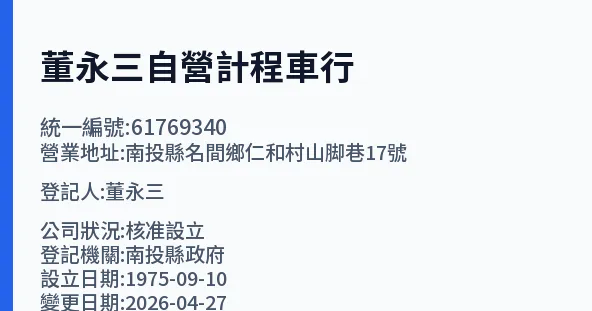 董永三自營計程車行的照片-統編 61769340(南投縣) 公司登記資料與營業項目詳細圖表