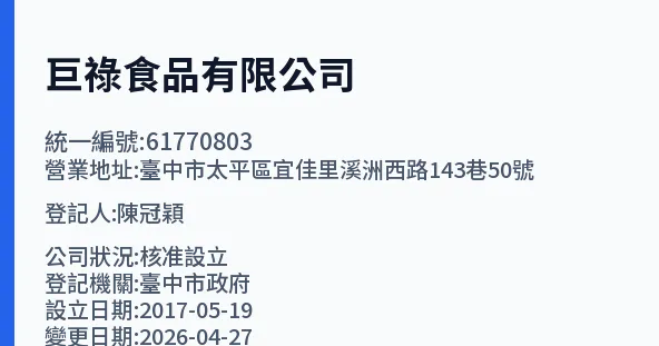 巨祿食品有限公司的照片-統編 61770803(臺中市) 公司登記資料與營業項目詳細圖表