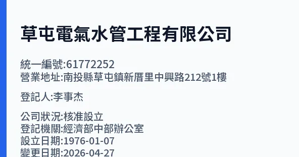 草屯電氣水管工程有限公司的照片-統編 61772252(南投縣) 公司登記資料與營業項目詳細圖表