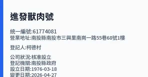 進發獸肉號的照片-統編 61774081(南投縣) 公司登記資料與營業項目詳細圖表
