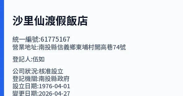 沙里仙渡假飯店的照片-統編 61775167(南投縣) 公司登記資料與營業項目詳細圖表