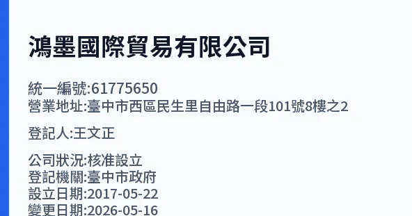鴻墨國際貿易有限公司的照片-統編 61775650(臺中市) 公司登記資料與營業項目詳細圖表