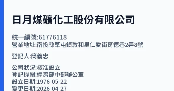 日月煤礦化工股份有限公司的照片-統編 61776118(南投縣) 公司登記資料與營業項目詳細圖表