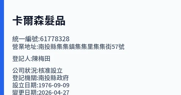 卡爾森髮品的照片-統編 61778328(南投縣) 公司登記資料與營業項目詳細圖表