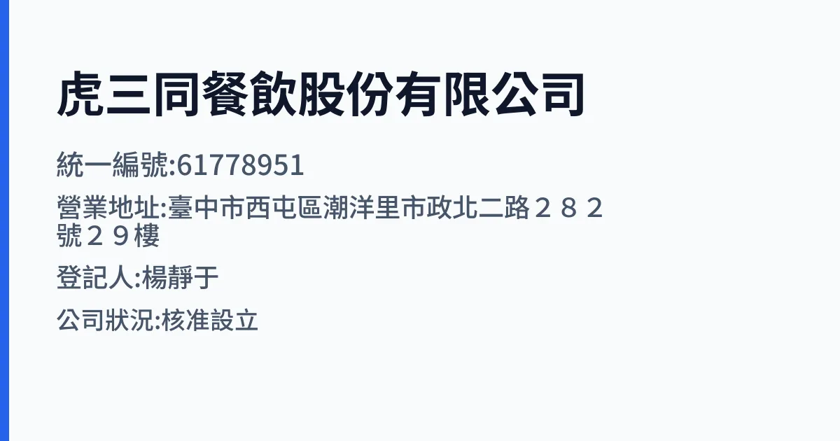 虎三同餐飲股份有限公司 - 統編 61778951(臺中市) 公司登記資料與營業項目詳細圖表