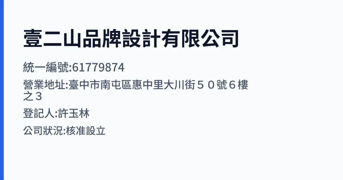 壹二山品牌設計有限公司 - 統編 61779874(臺中市) 公司登記資料與營業項目詳細圖表