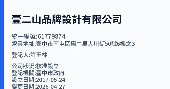 壹二山品牌設計有限公司的照片-統編 61779874(臺中市) 公司登記資料與營業項目詳細圖表