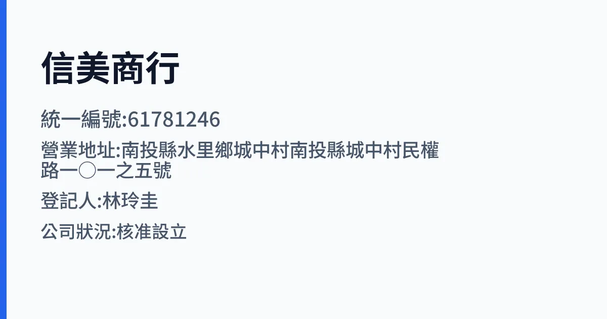 信美商行 - 統編 61781246(南投縣) 公司登記資料與營業項目詳細圖表