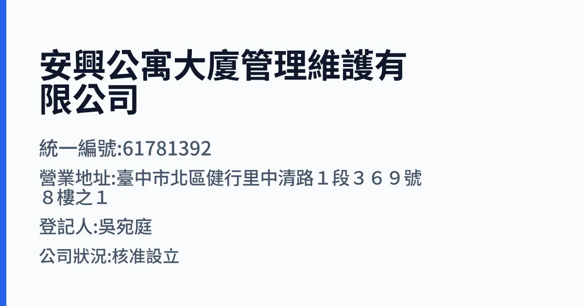 安興公寓大廈管理維護有限公司 - 統編 61781392 (臺中市) 公司登記資料與營業項目詳細圖表