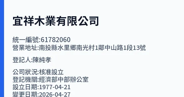 宜祥木業有限公司的照片-統編 61782060(南投縣) 公司登記資料與營業項目詳細圖表