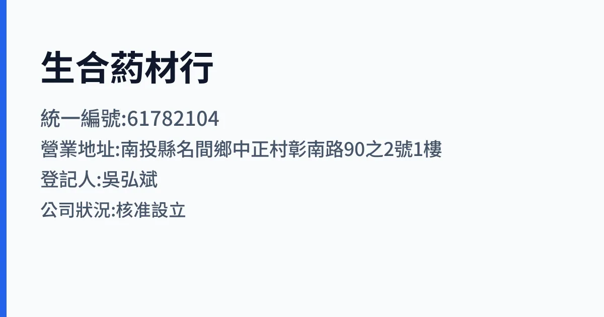 生合葯材行 - 統編 61782104(南投縣) 公司登記資料與營業項目詳細圖表