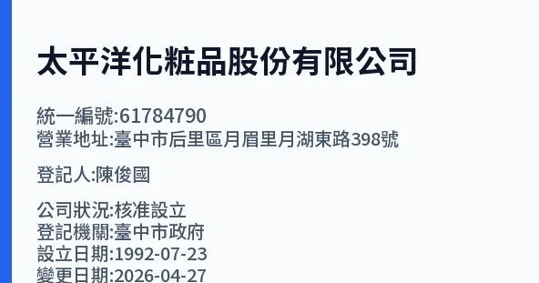 太平洋化粧品股份有限公司的照片-統編 61784790(臺中市) 公司登記資料與營業項目詳細圖表