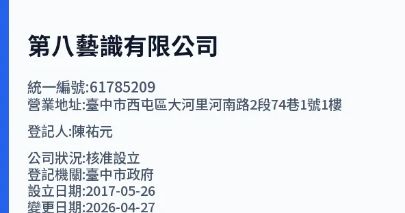 第八藝識有限公司的照片-統編 61785209(臺中市) 公司登記資料與營業項目詳細圖表
