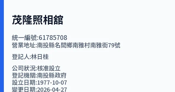 茂隆照相舘的照片-統編 61785708(南投縣) 公司登記資料與營業項目詳細圖表
