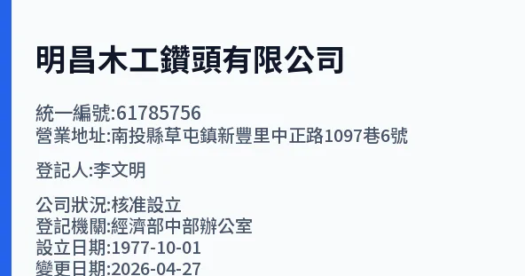 明昌木工鑽頭有限公司的照片-統編 61785756(南投縣) 公司登記資料與營業項目詳細圖表