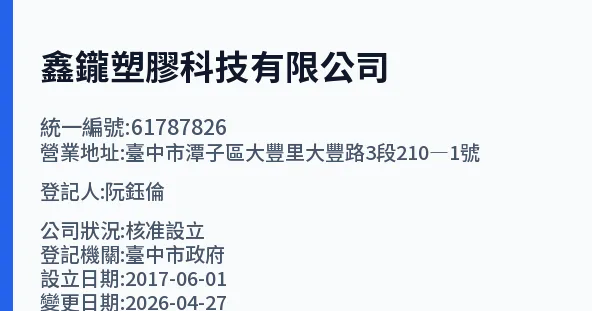 鑫鑨塑膠科技有限公司的照片-統編 61787826(臺中市) 公司登記資料與營業項目詳細圖表