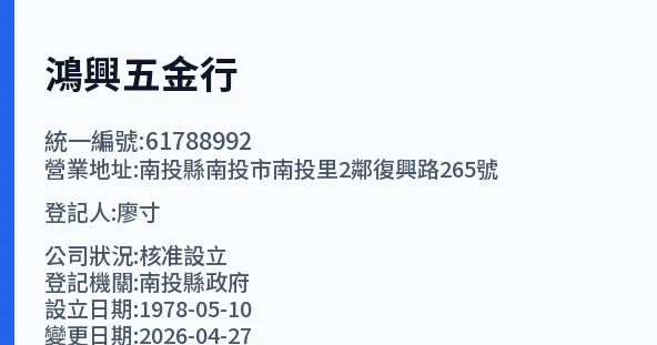 鴻興五金行的照片-統編 61788992(南投縣) 公司登記資料與營業項目詳細圖表
