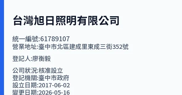 台灣旭日照明有限公司的照片-統編 61789107(臺中市) 公司登記資料與營業項目詳細圖表