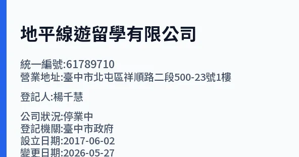 地平線遊留學有限公司的照片-統編 61789710(臺中市) 公司登記資料與營業項目詳細圖表