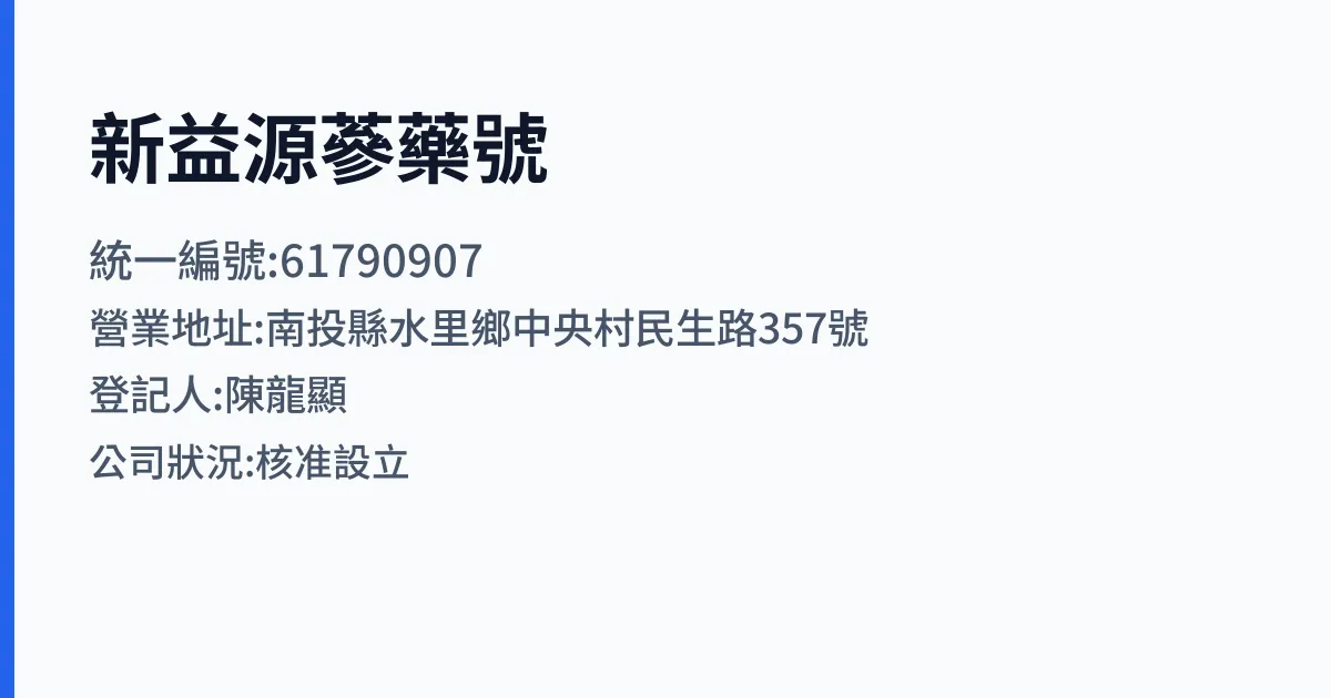 新益源蔘藥號 - 統編 61790907(南投縣) 公司登記資料與營業項目詳細圖表