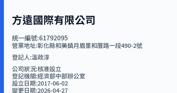 方遠國際有限公司的照片-統編 61792095(彰化縣) 公司登記資料與營業項目詳細圖表