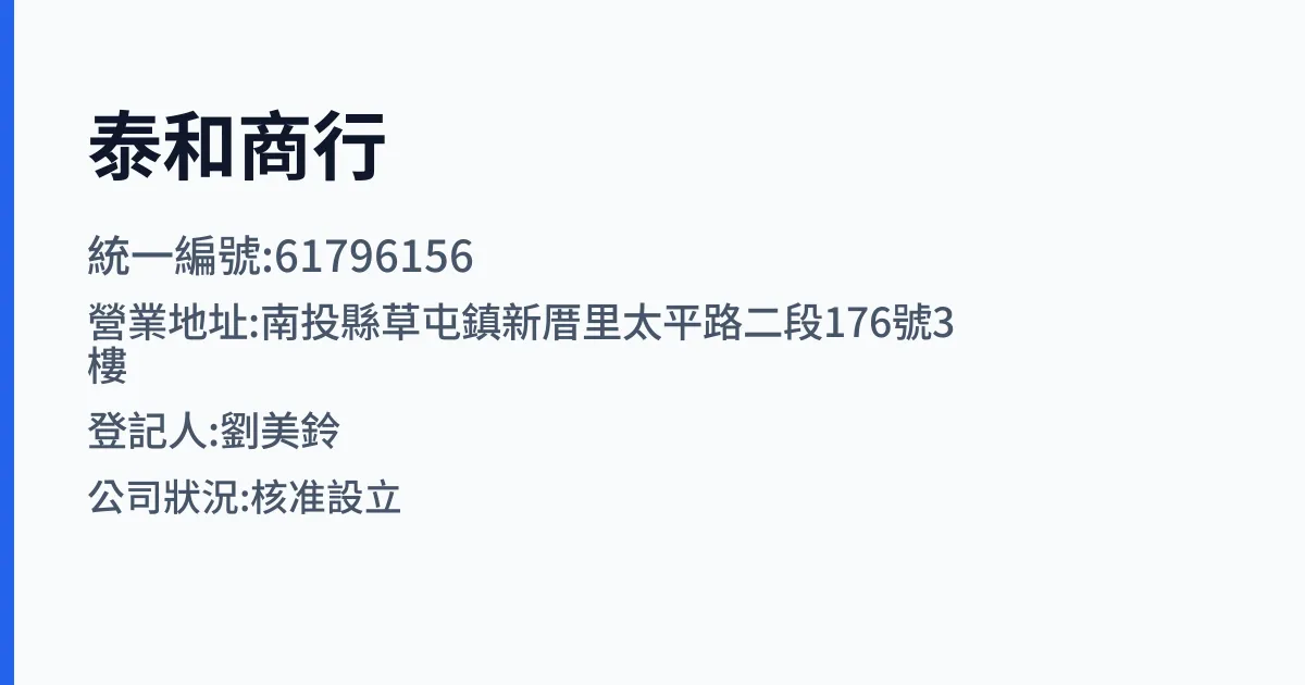 泰和商行 - 統編 61796156(南投縣) 公司登記資料與營業項目詳細圖表