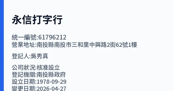 永信打字行的照片-統編 61796212(南投縣) 公司登記資料與營業項目詳細圖表