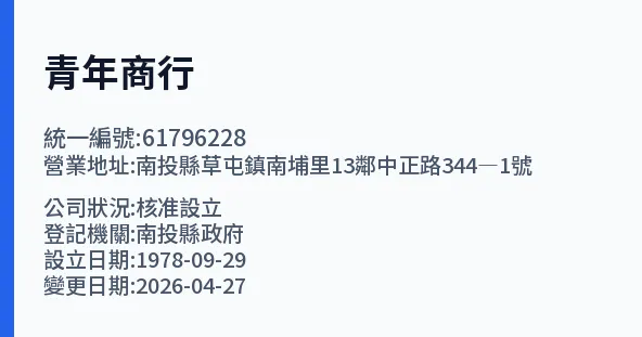 青年商行的照片-統編 61796228(南投縣) 公司登記資料與營業項目詳細圖表