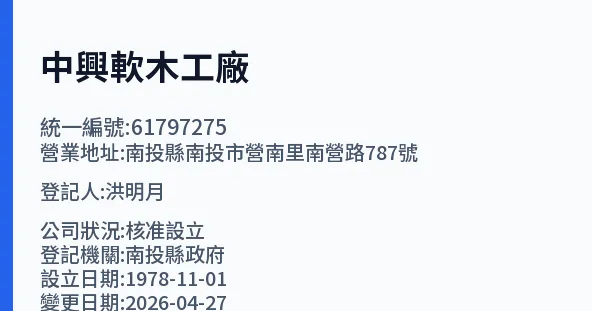 中興軟木工廠的照片-統編 61797275(南投縣) 公司登記資料與營業項目詳細圖表